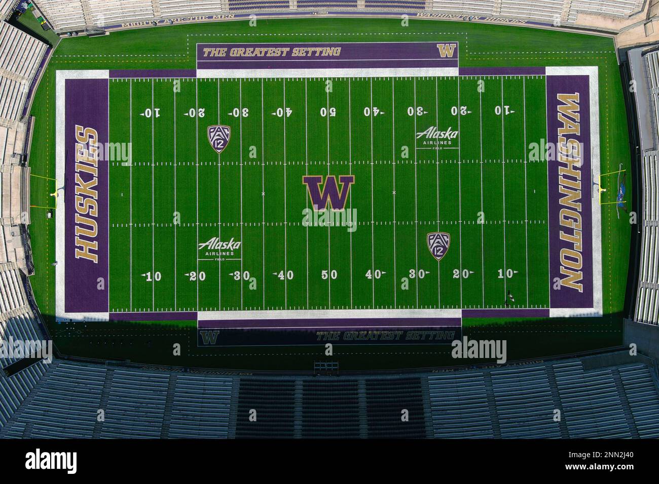 An aerial view of the Washington Huskies logo at midfield of Husky ...