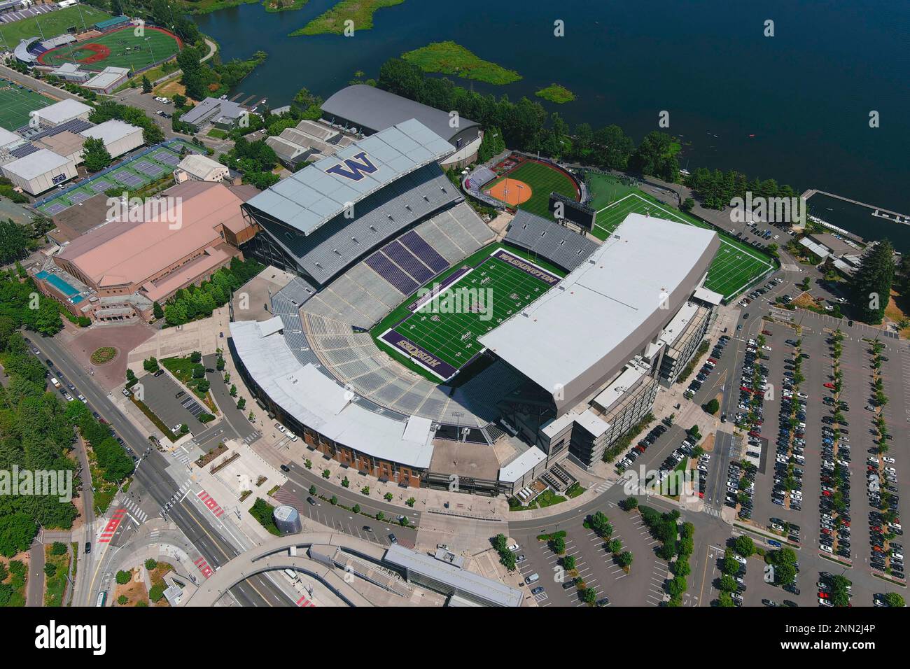 An aerial view of the Husky Stadium on the campus of the University of ...