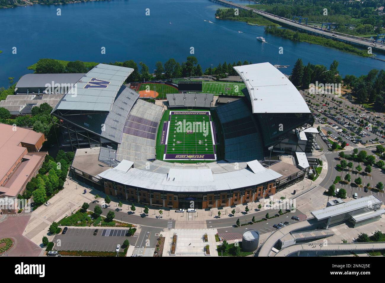 An aerial view of the Husky Stadium on the campus of the University of ...