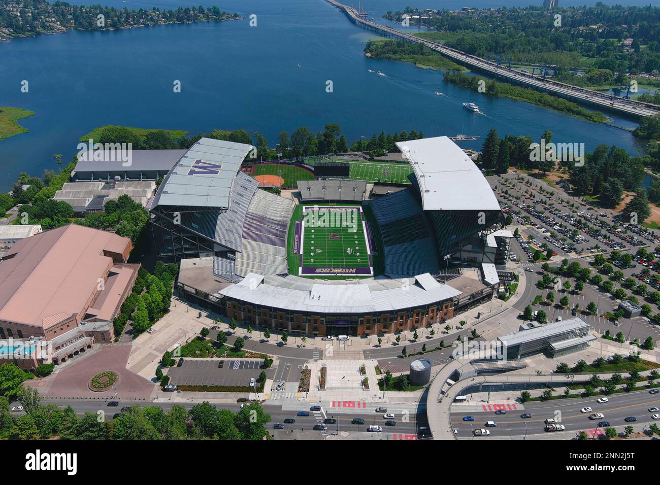 An aerial view of the Husky Stadium on the campus of the University of ...