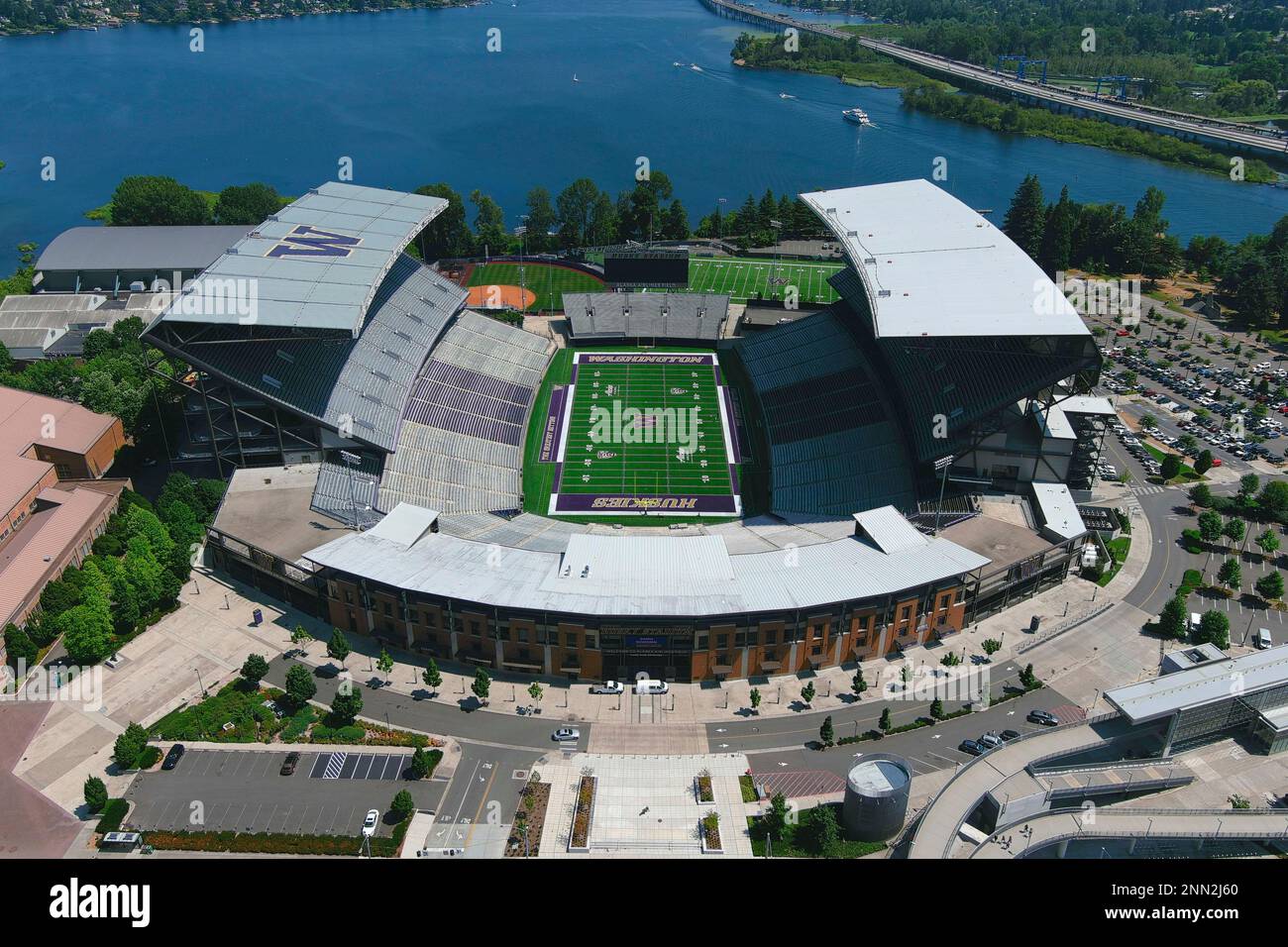An aerial view of the Husky Stadium on the campus of the University of ...