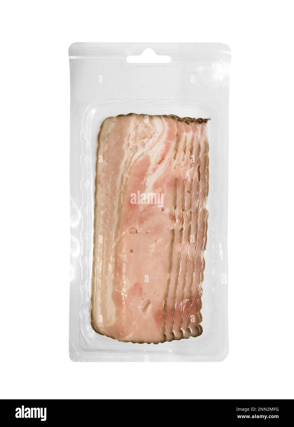 Top view of sliced smoked meat ham in vacuum package isolated on black ...