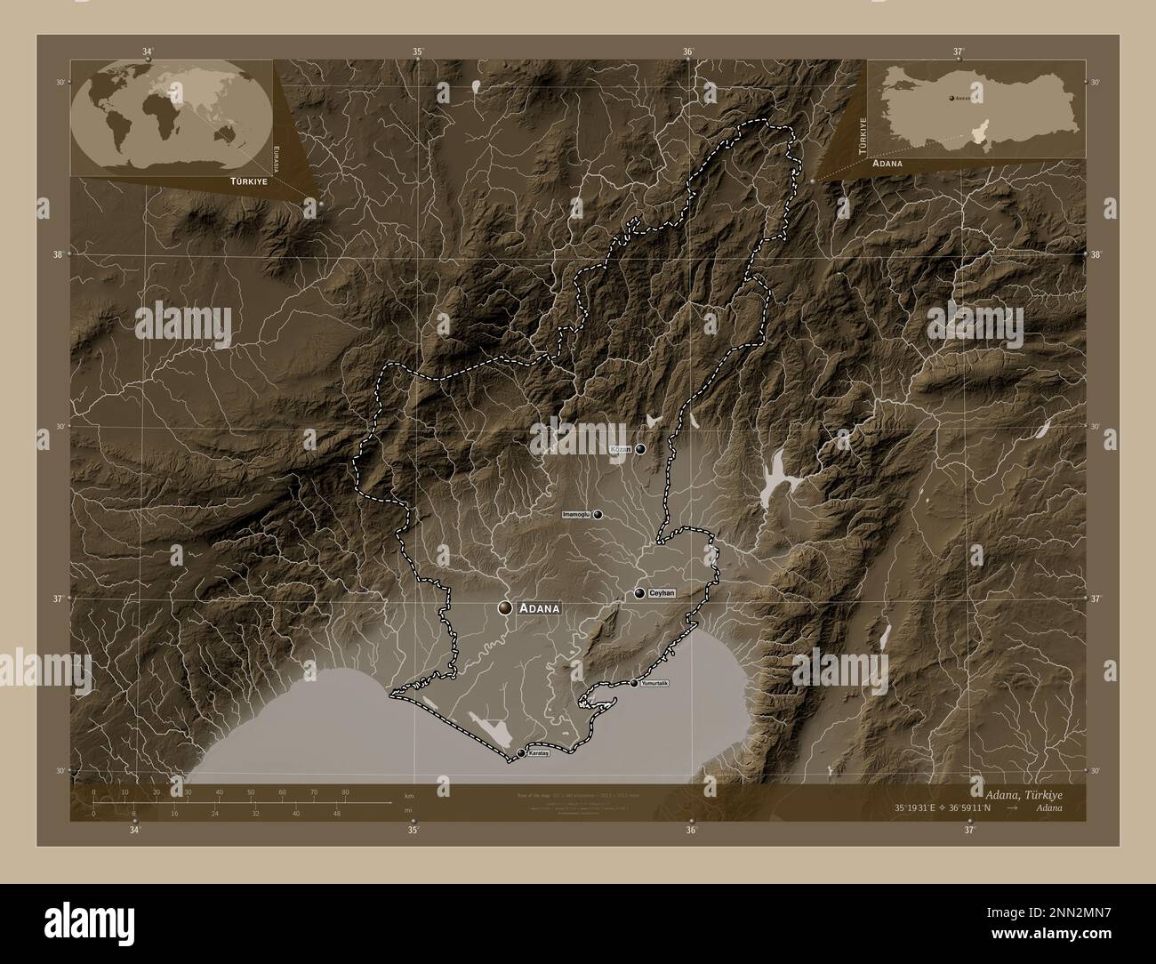 Adana, province of Turkiye. Elevation map colored in sepia tones with ...