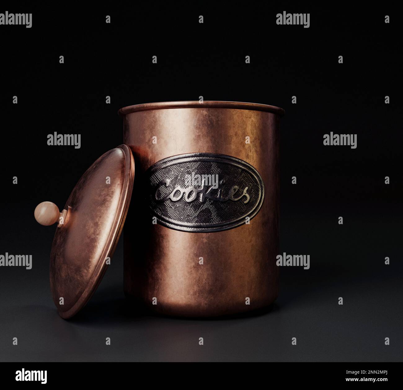 A concept showing a copper cookie jar tin with an open lid on dark ...