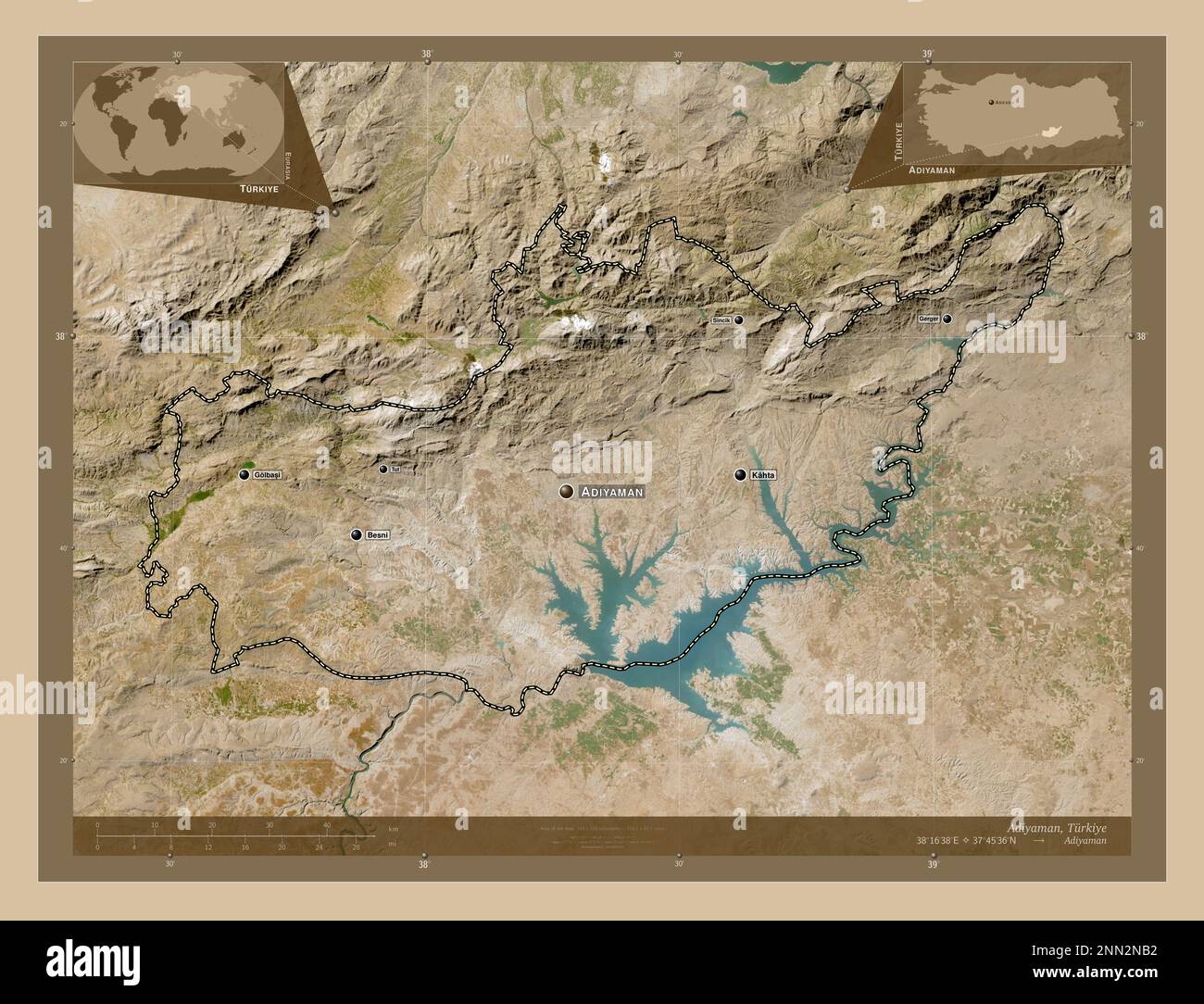 Adiyaman, province of Turkiye. Low resolution satellite map. Locations ...