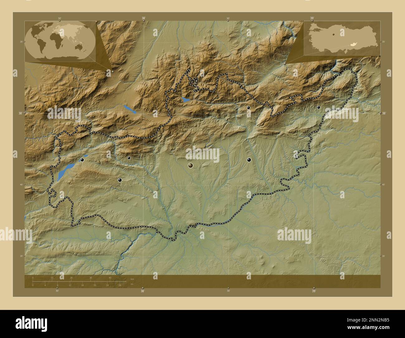Adiyaman, province of Turkiye. Colored elevation map with lakes and ...
