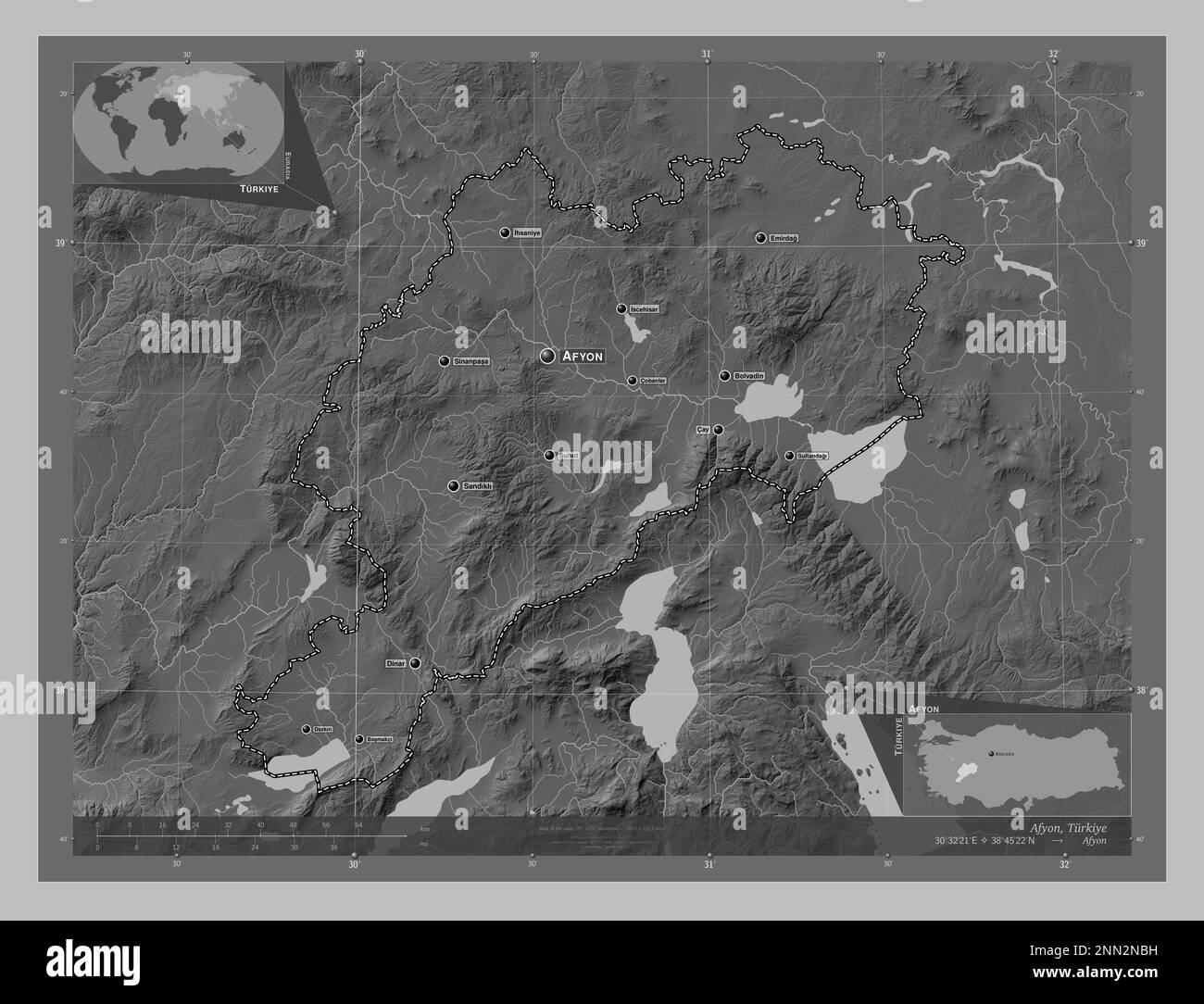 Afyon, province of Turkiye. Grayscale elevation map with lakes and ...