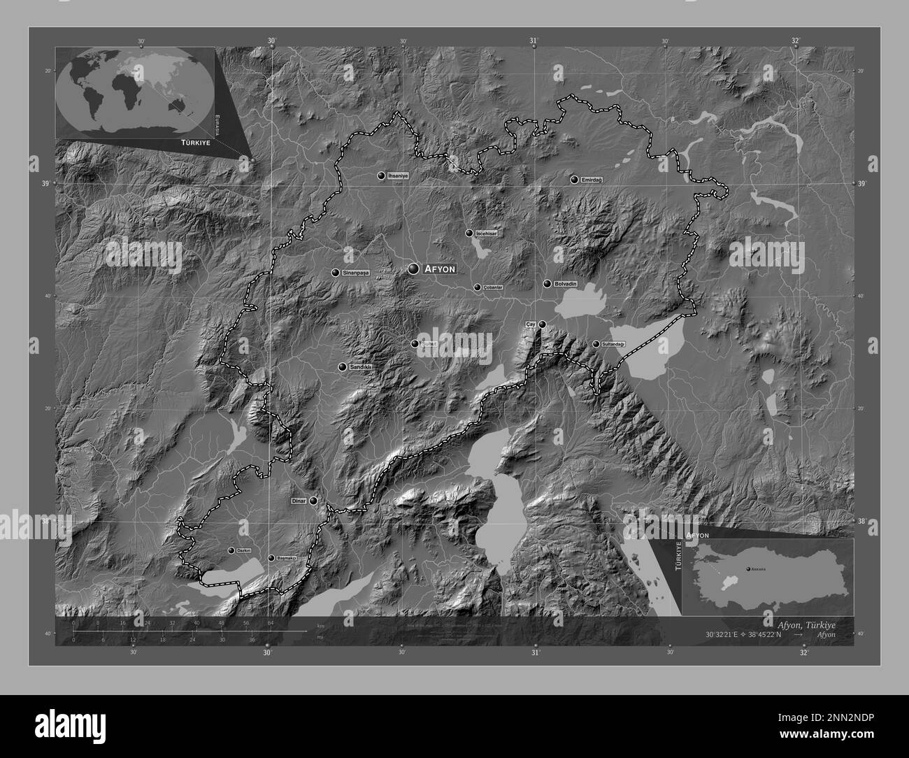 Afyon, province of Turkiye. Bilevel elevation map with lakes and rivers ...