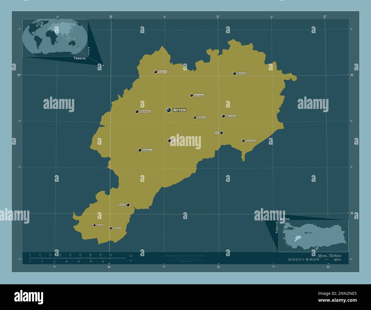 Afyon, province of Turkiye. Solid color shape. Locations and names of ...