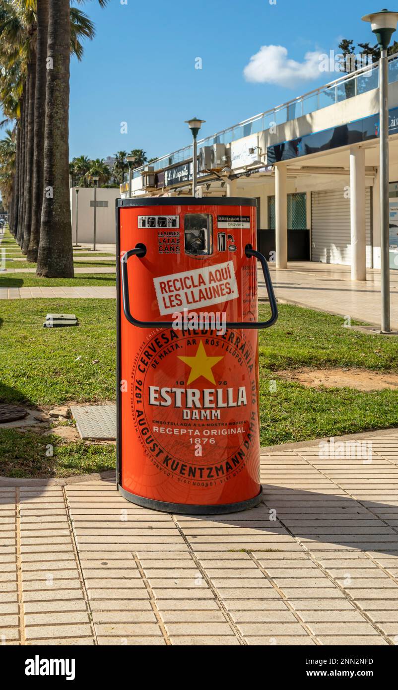 Sa Coma, Spain; february 17 2023: Estrella Damm's can recycling point ...