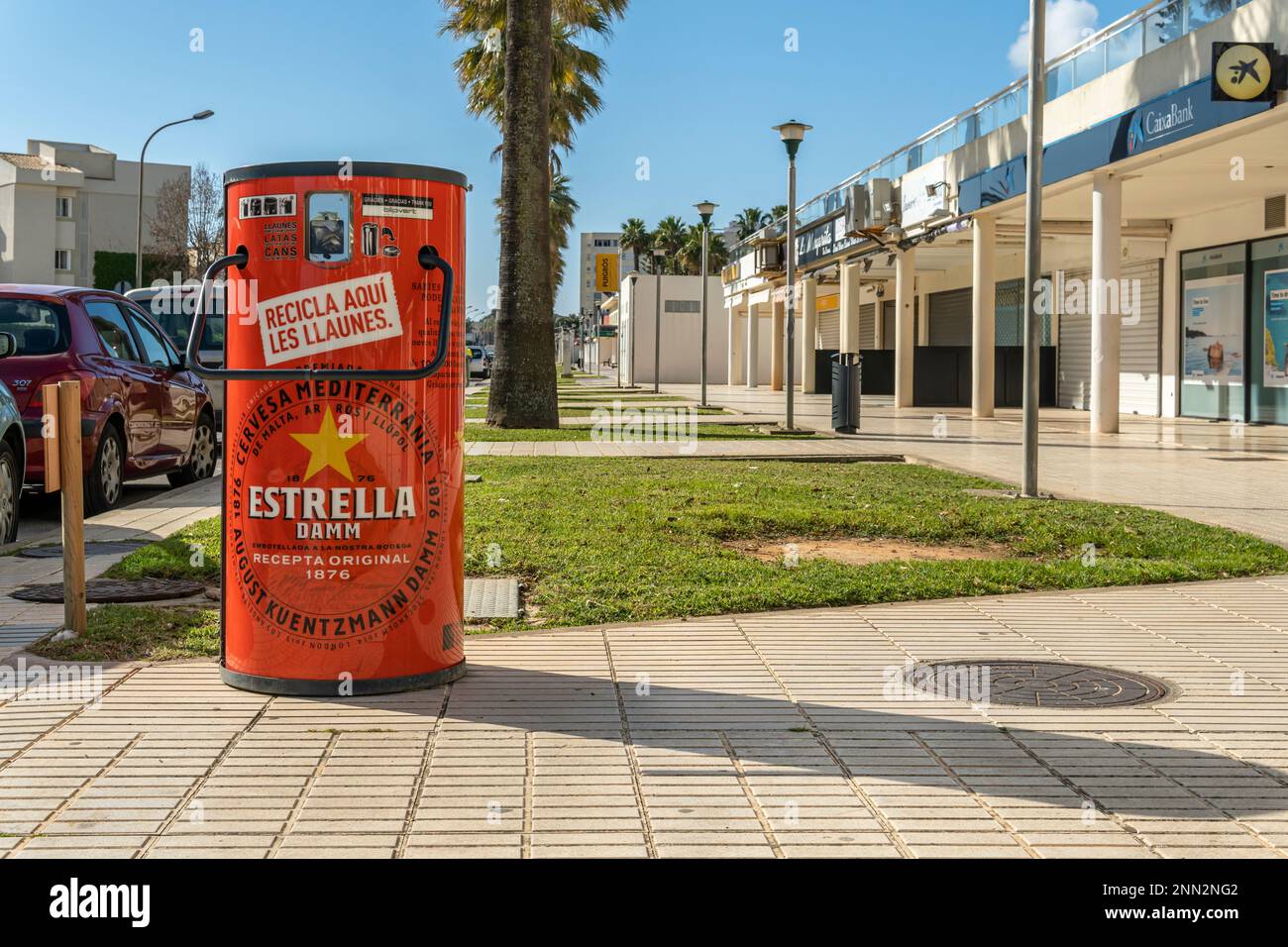 Sa Coma, Spain; february 17 2023: Estrella Damm's can recycling point ...