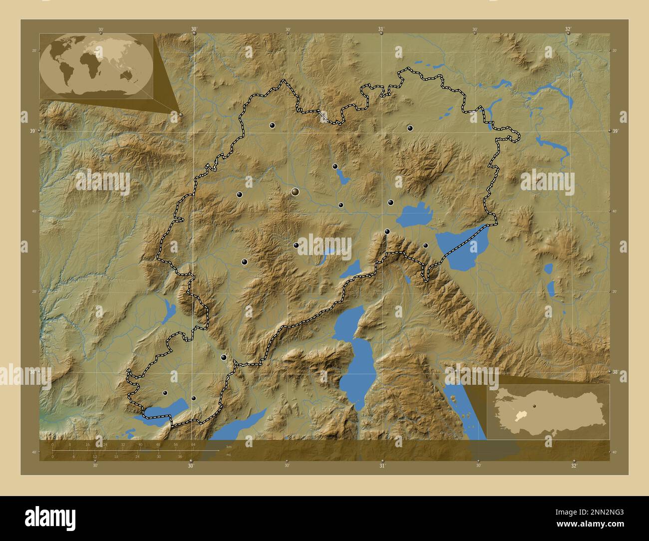 Afyon, province of Turkiye. Colored elevation map with lakes and rivers ...