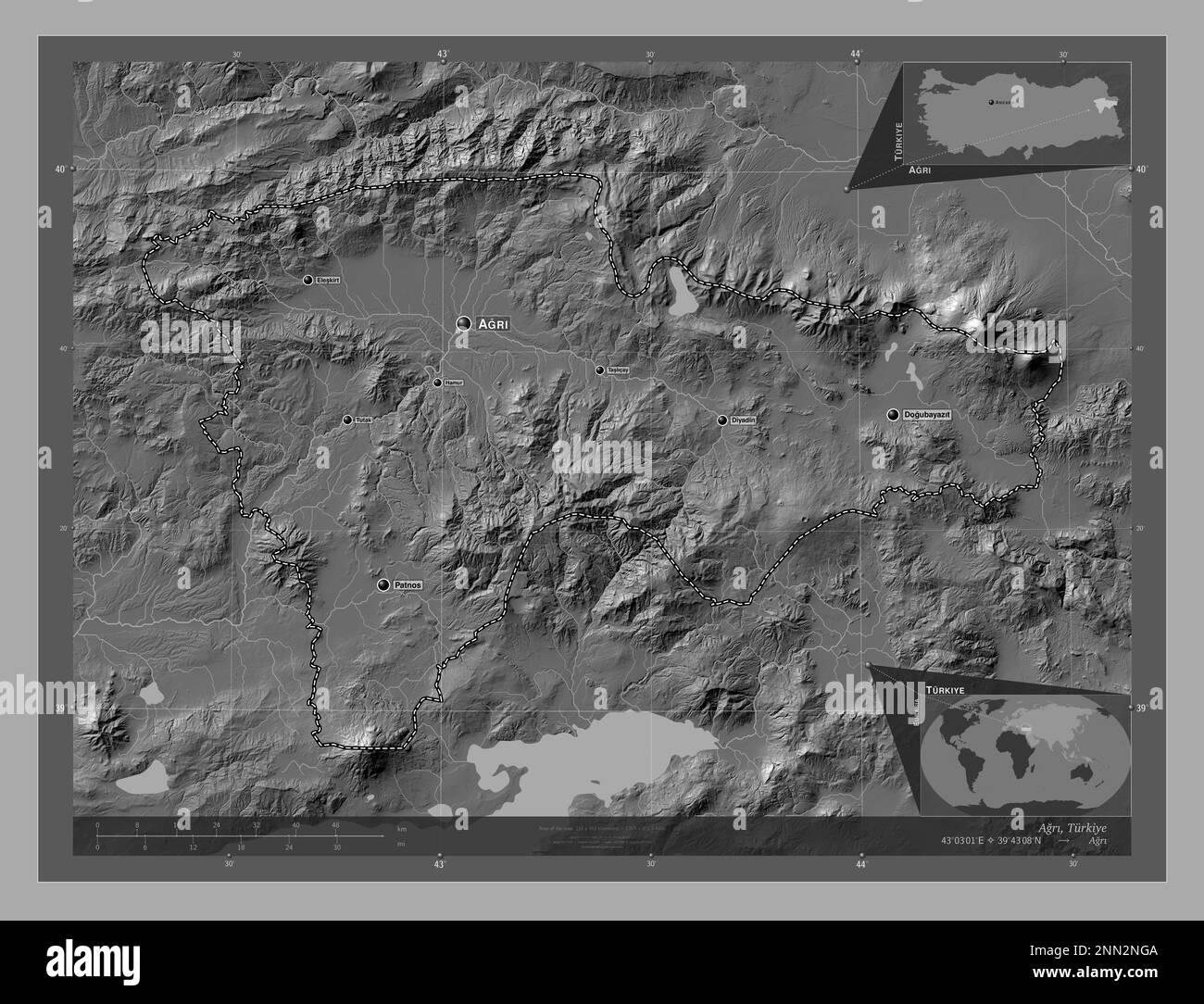 Agr, province of Turkiye. Bilevel elevation map with lakes and rivers ...