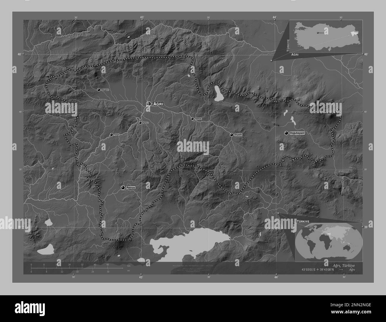 Agr, province of Turkiye. Grayscale elevation map with lakes and rivers ...