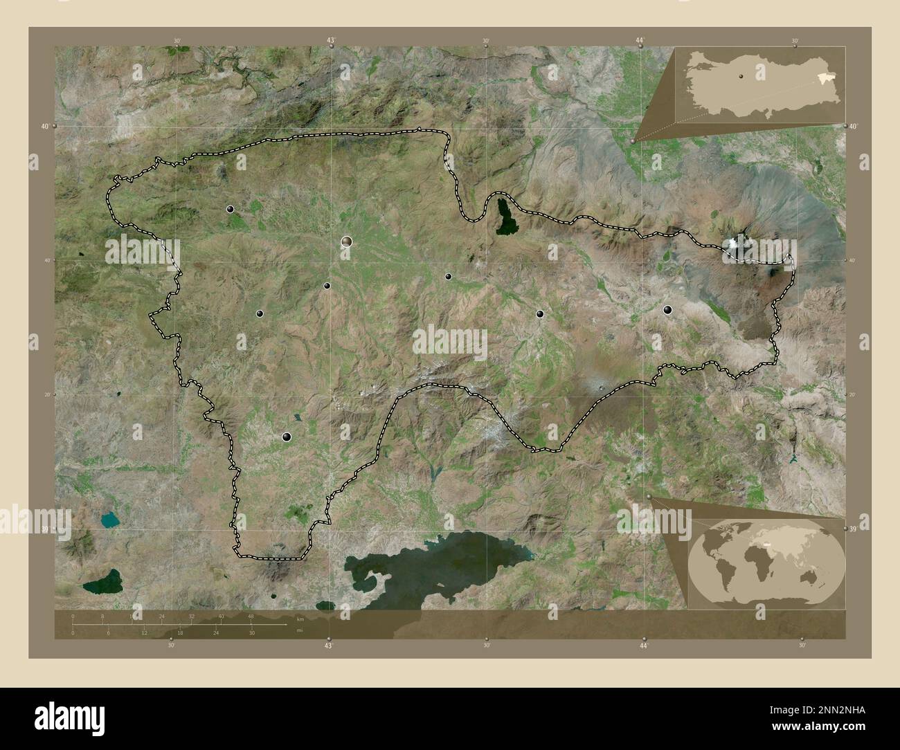 Agr, province of Turkiye. High resolution satellite map. Locations of ...