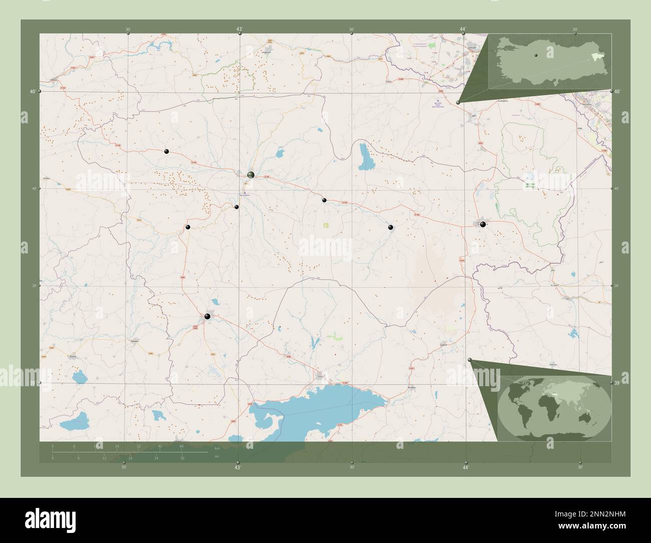 Agr, province of Turkiye. Open Street Map. Locations of major cities of ...