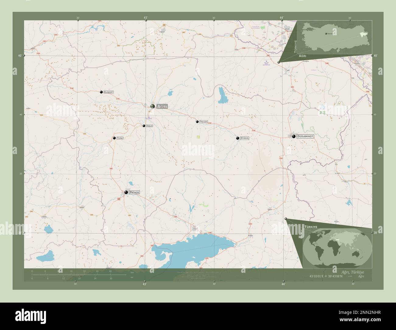 Agr, province of Turkiye. Open Street Map. Locations and names of major ...