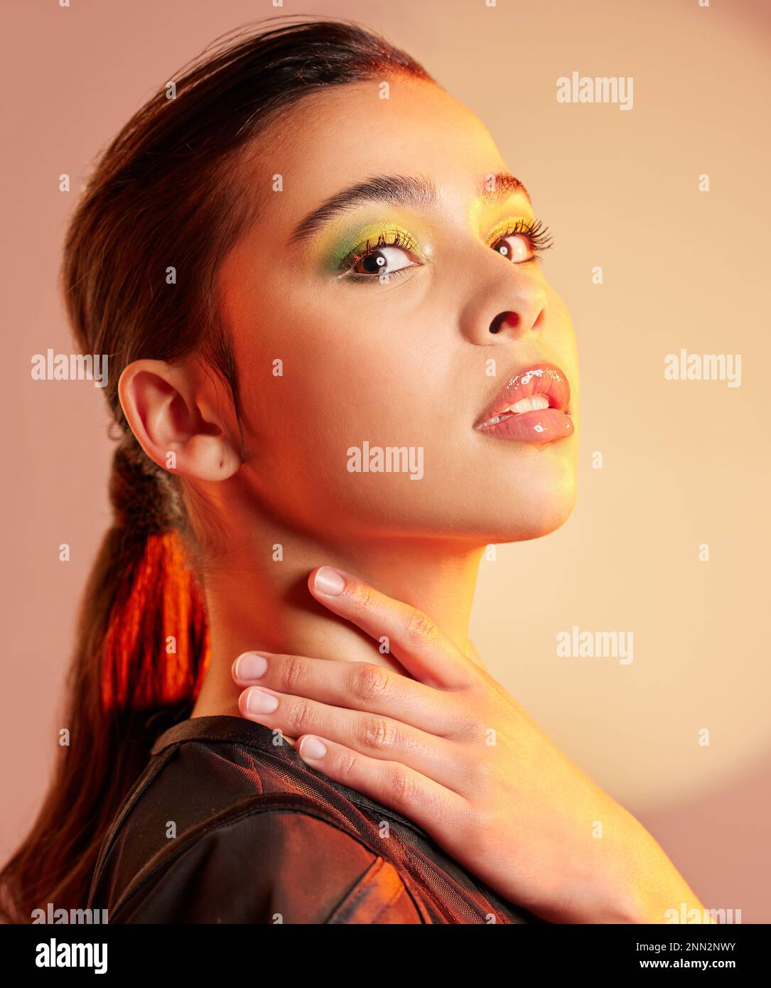 Face, woman and color makeup for aesthetic, creative skincare and cool ...