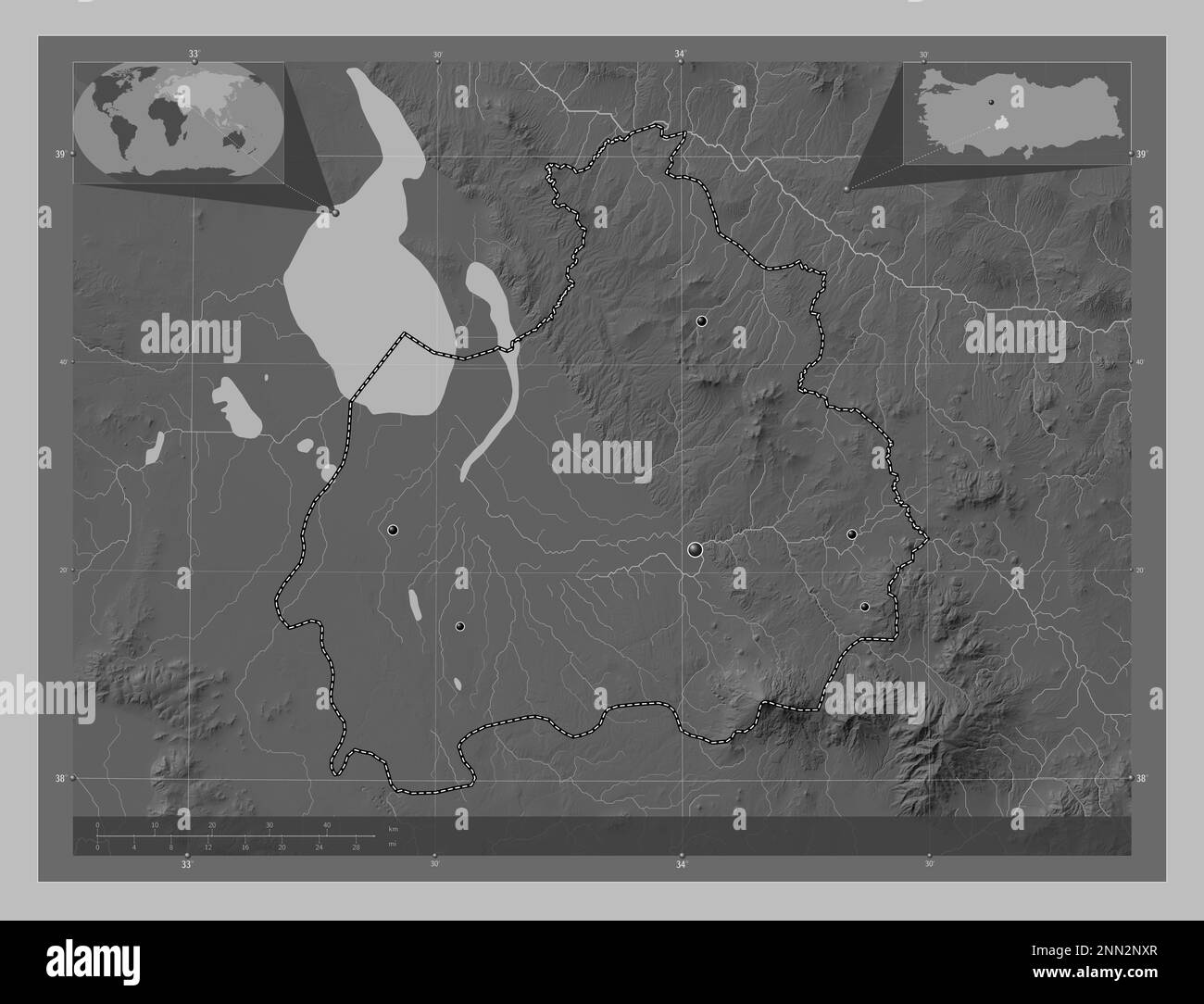 Aksaray, province of Turkiye. Grayscale elevation map with lakes and ...