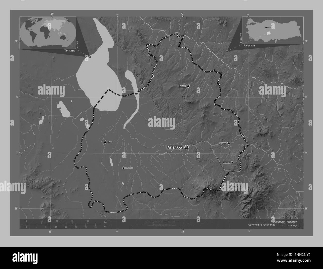 Aksaray, province of Turkiye. Grayscale elevation map with lakes and ...