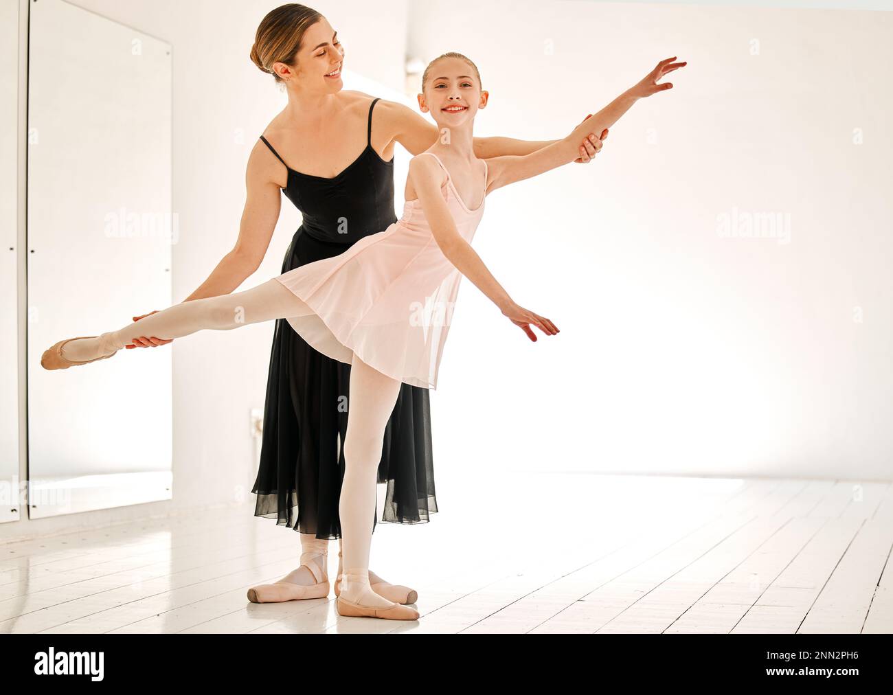 Learning dance, ballet class and teacher with child student in studio ...