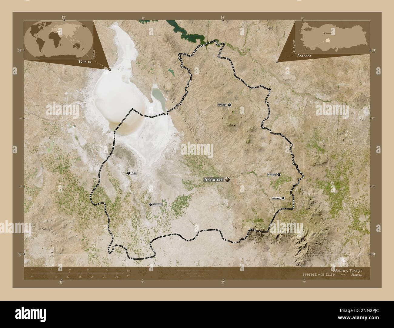 Aksaray, province of Turkiye. Low resolution satellite map. Locations ...