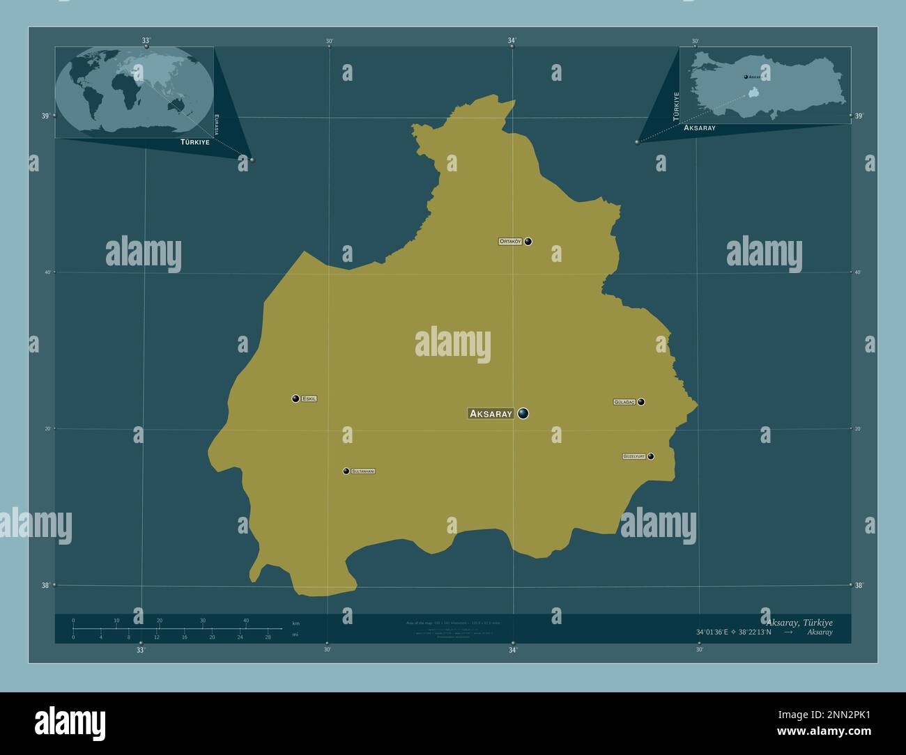 Aksaray, province of Turkiye. Solid color shape. Locations and names of ...