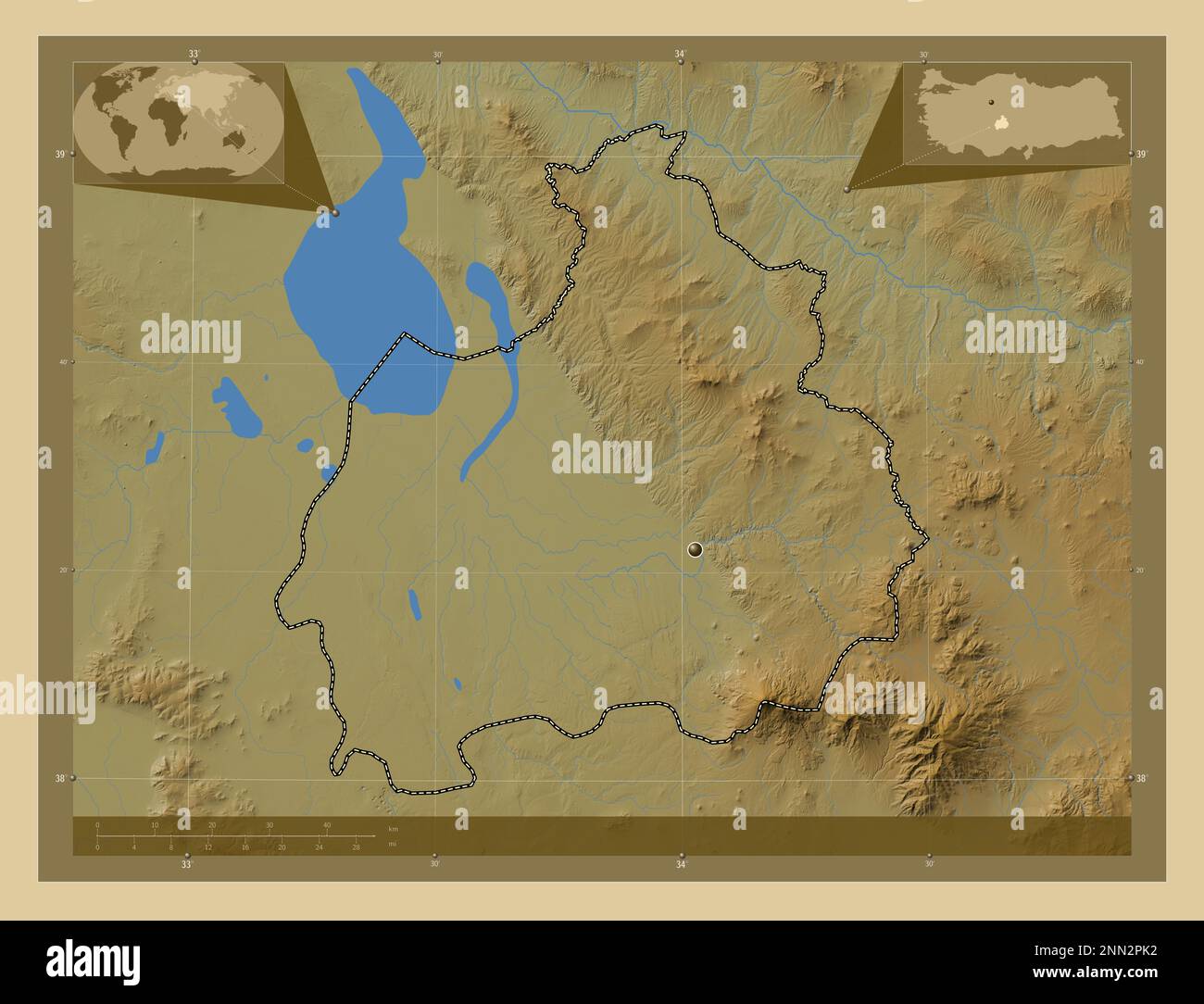 Aksaray, province of Turkiye. Colored elevation map with lakes and ...