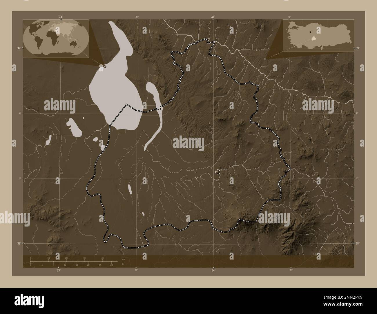 Aksaray, province of Turkiye. Elevation map colored in sepia tones with ...
