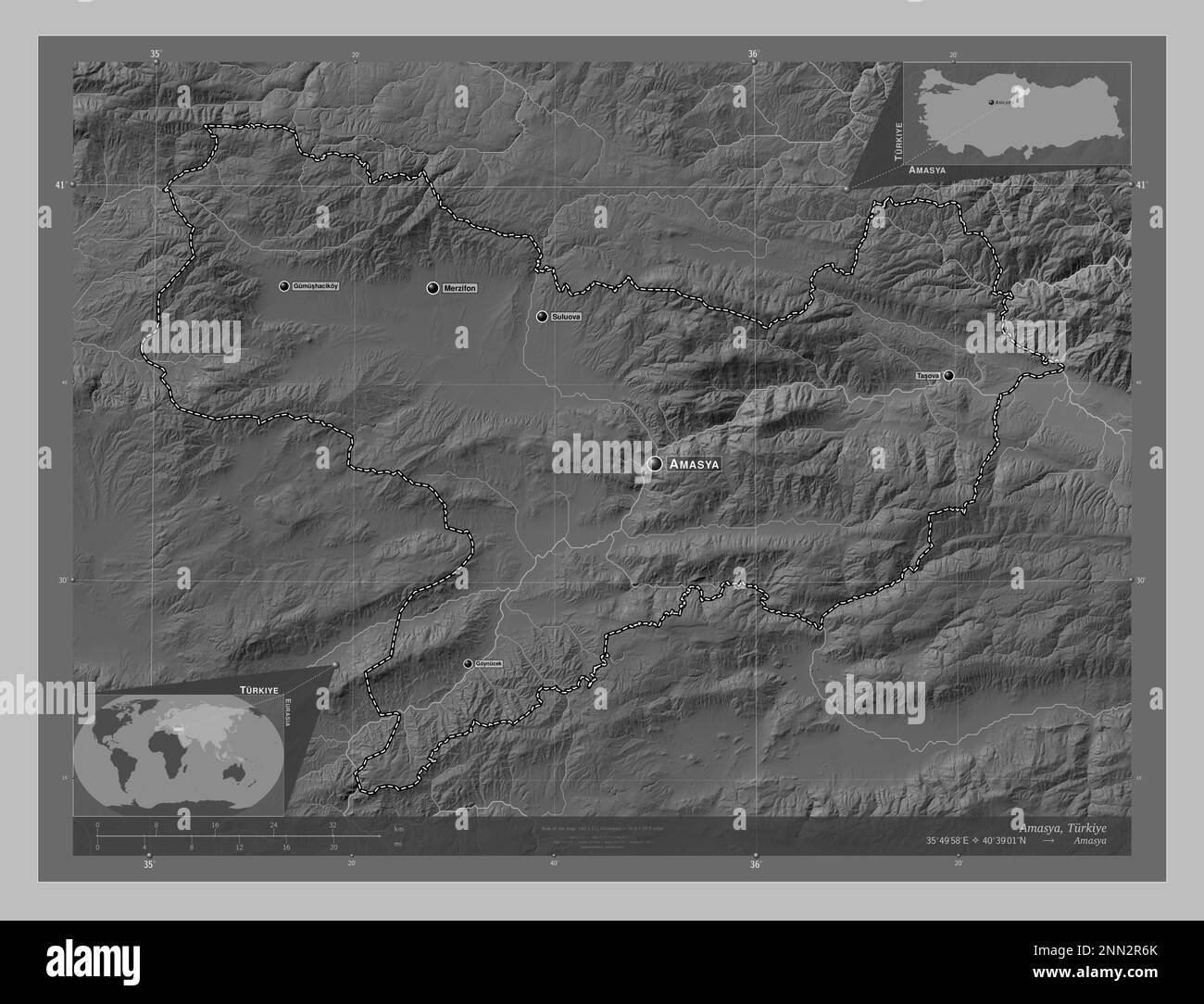 Amasya, province of Turkiye. Grayscale elevation map with lakes and ...