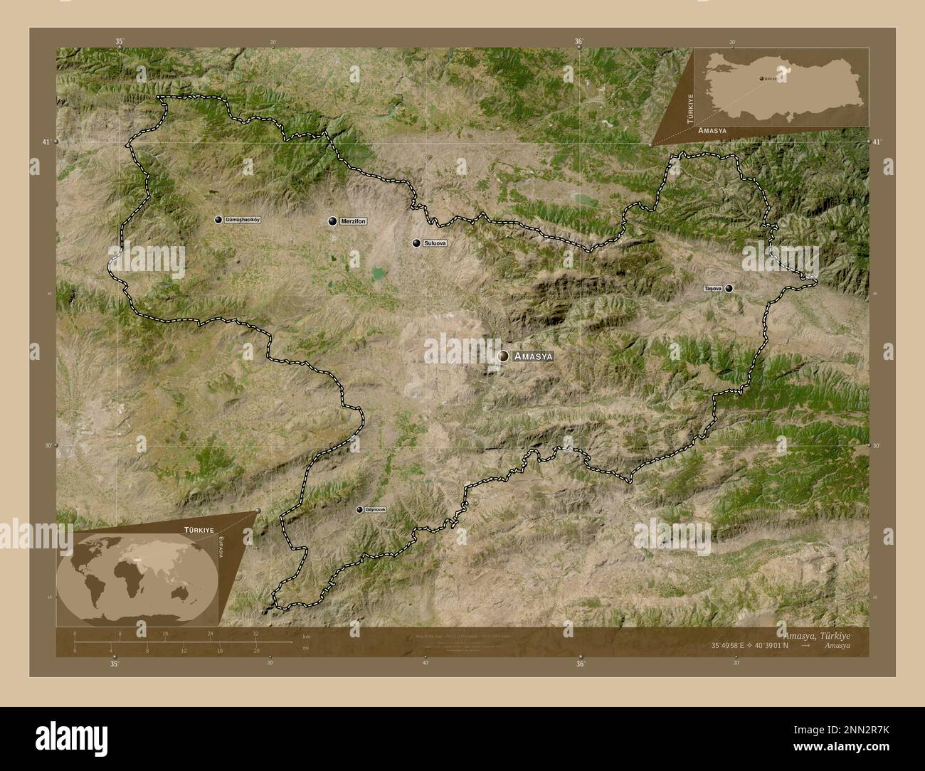 Amasya, province of Turkiye. Low resolution satellite map. Locations ...