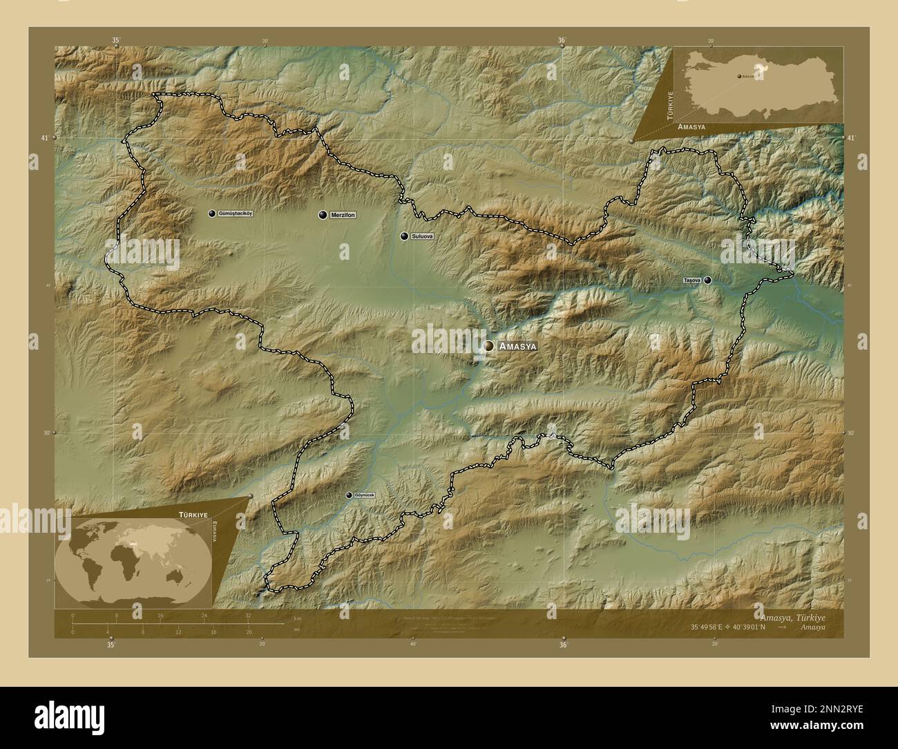 Amasya, province of Turkiye. Colored elevation map with lakes and ...