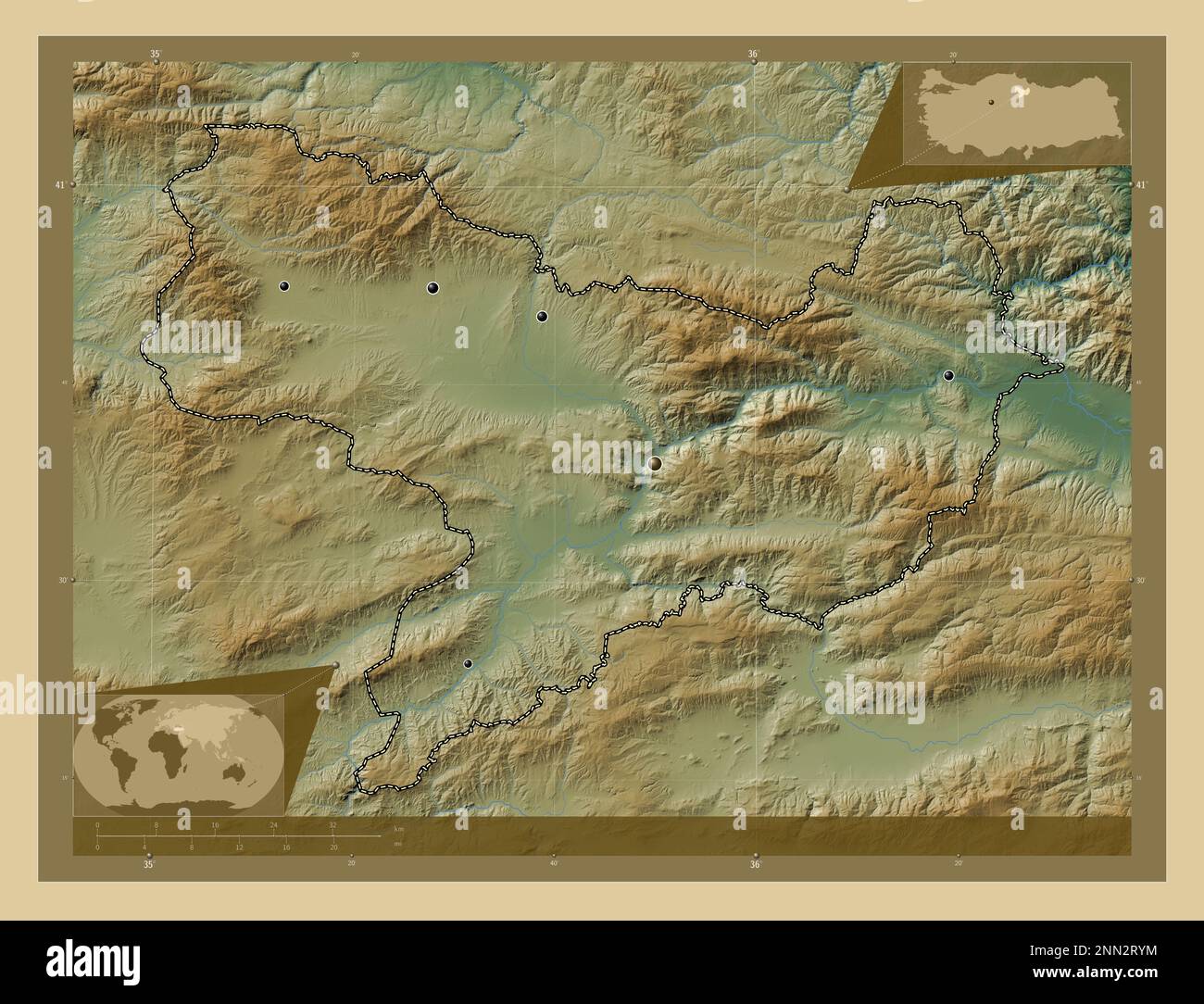 Amasya, province of Turkiye. Colored elevation map with lakes and ...