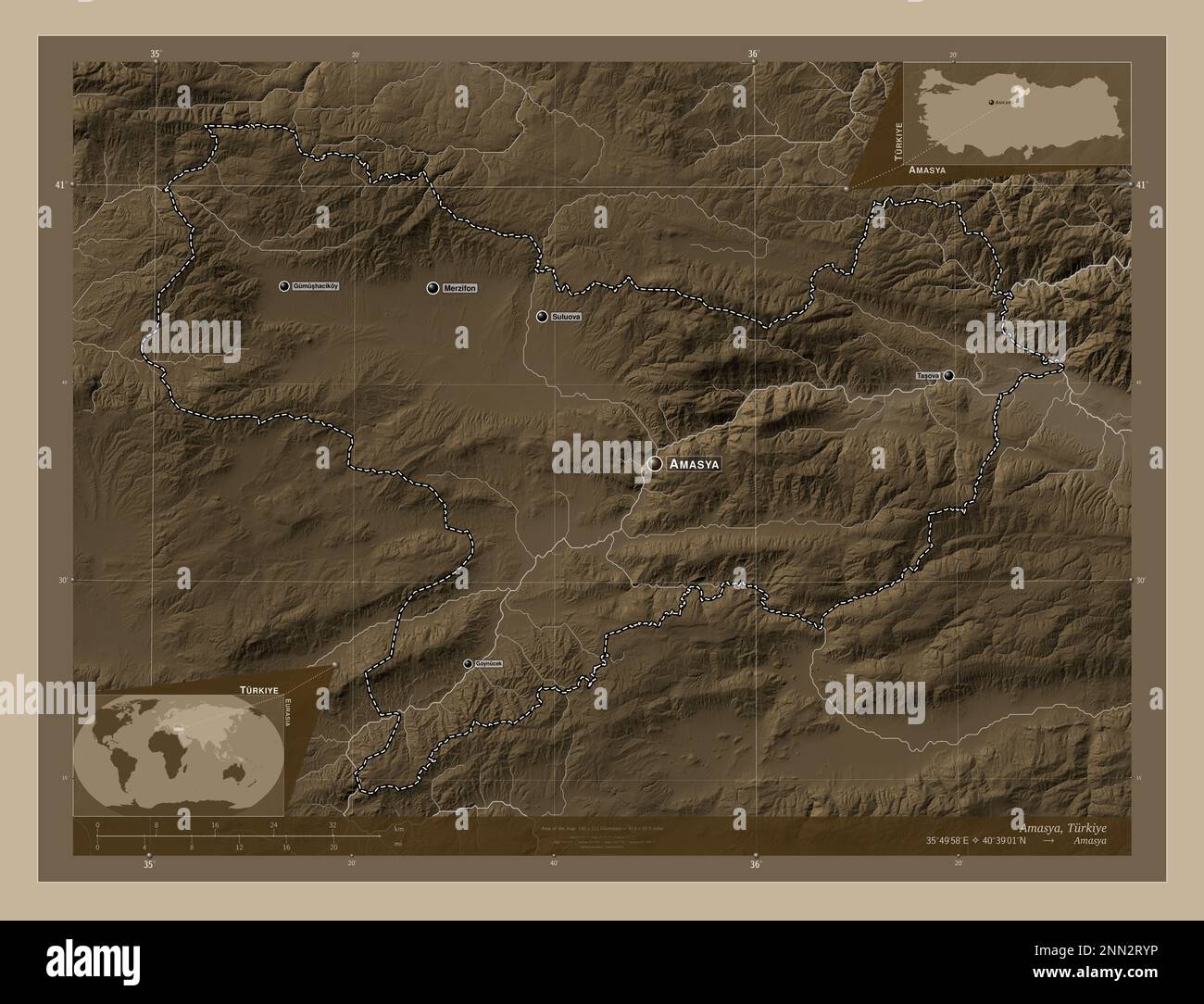 Amasya, province of Turkiye. Elevation map colored in sepia tones with ...