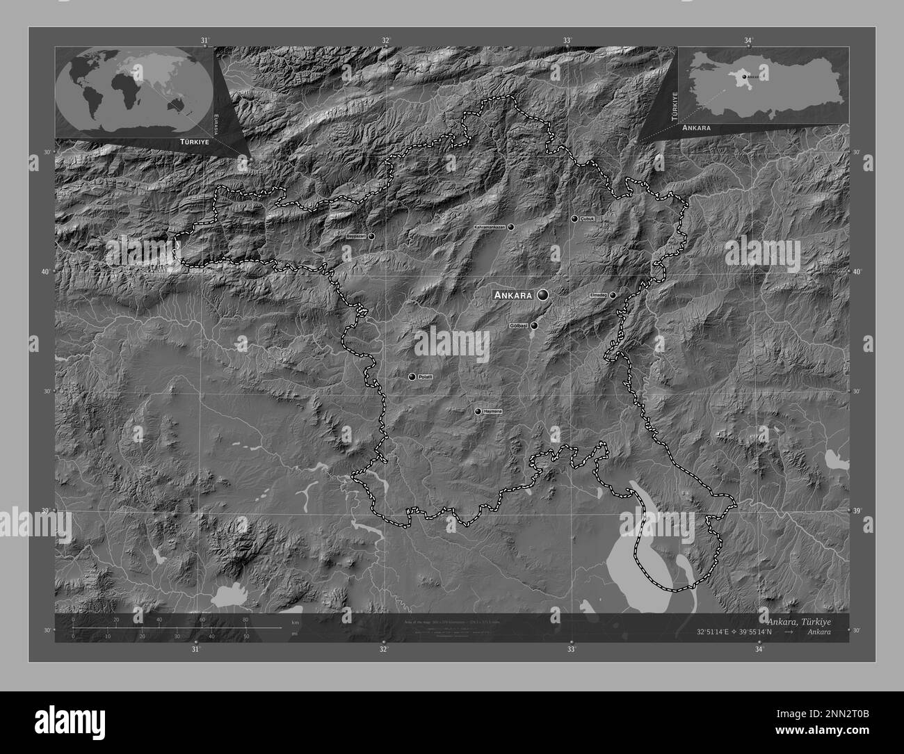 Ankara, province of Turkiye. Bilevel elevation map with lakes and ...