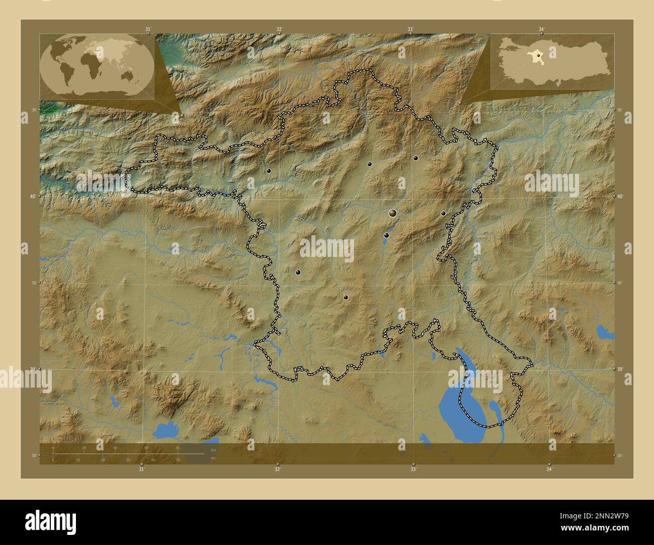 Ankara, province of Turkiye. Colored elevation map with lakes and ...