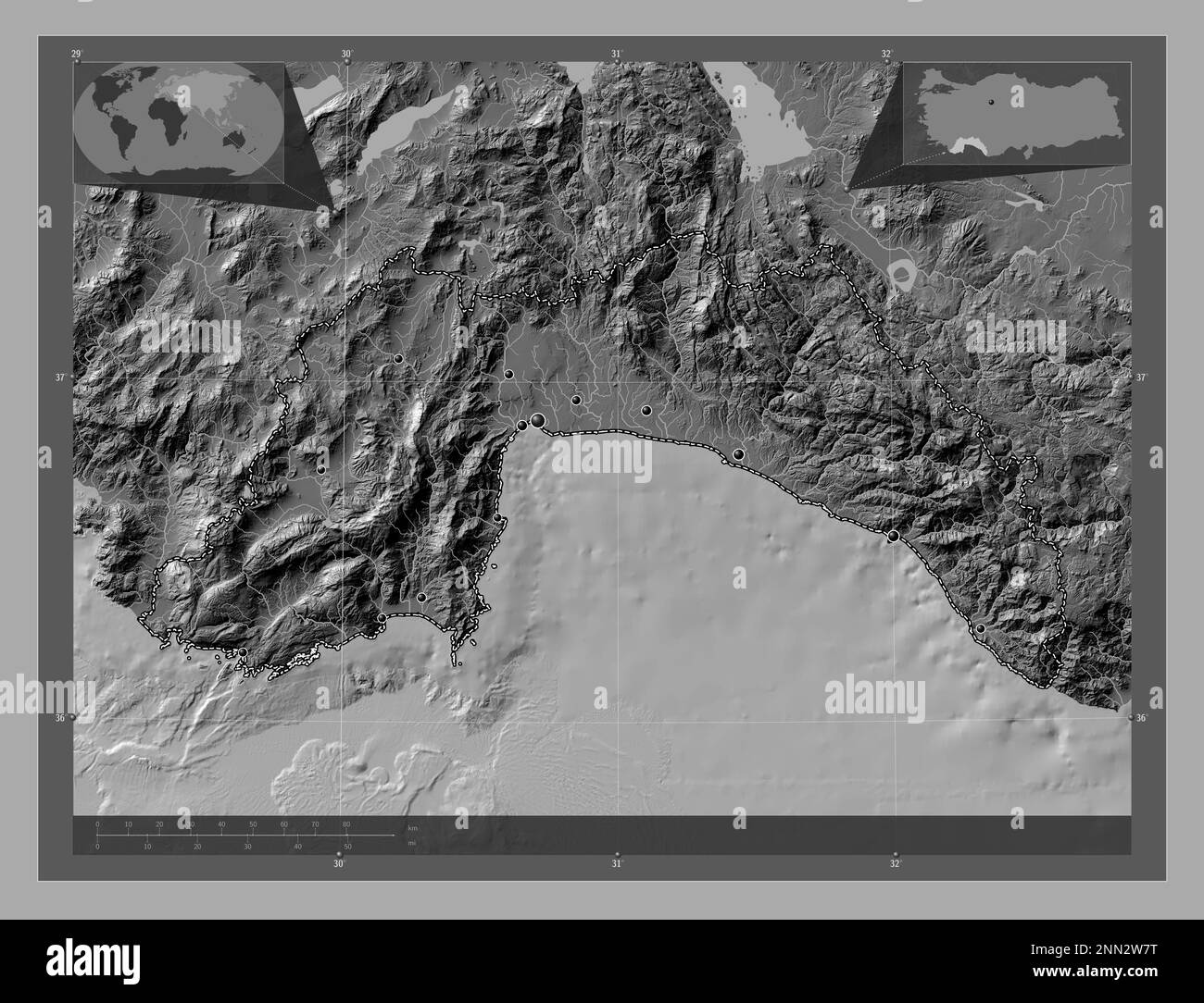 Antalya, province of Turkiye. Bilevel elevation map with lakes and ...