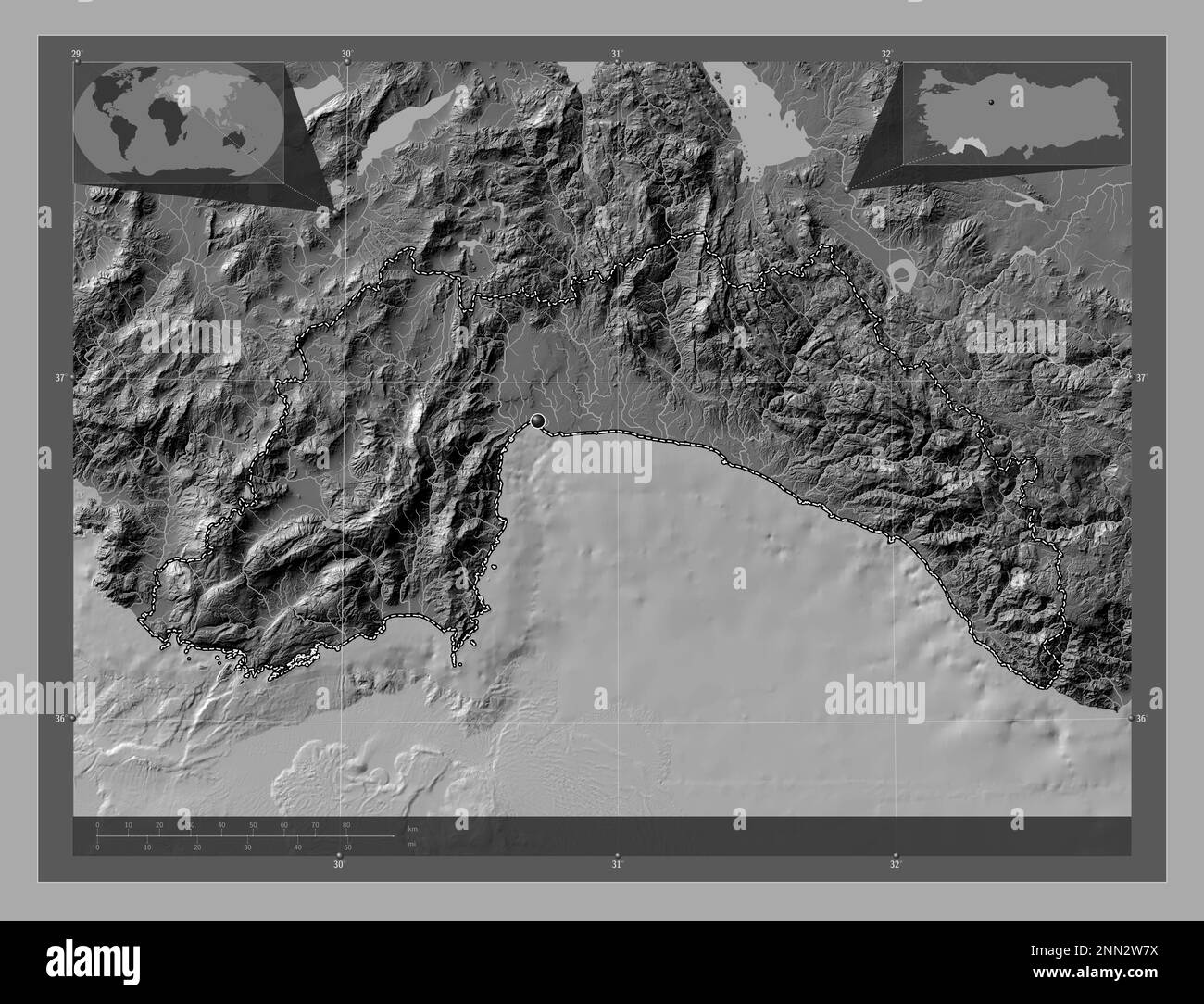 Antalya, province of Turkiye. Bilevel elevation map with lakes and rivers. Corner auxiliary ...
