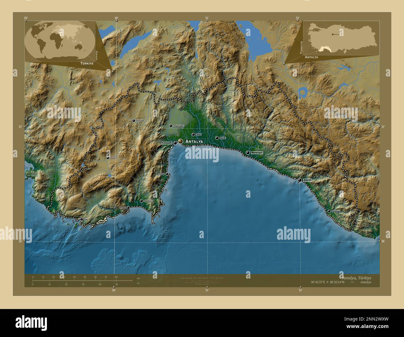Antalya, province of Turkiye. Colored elevation map with lakes and ...