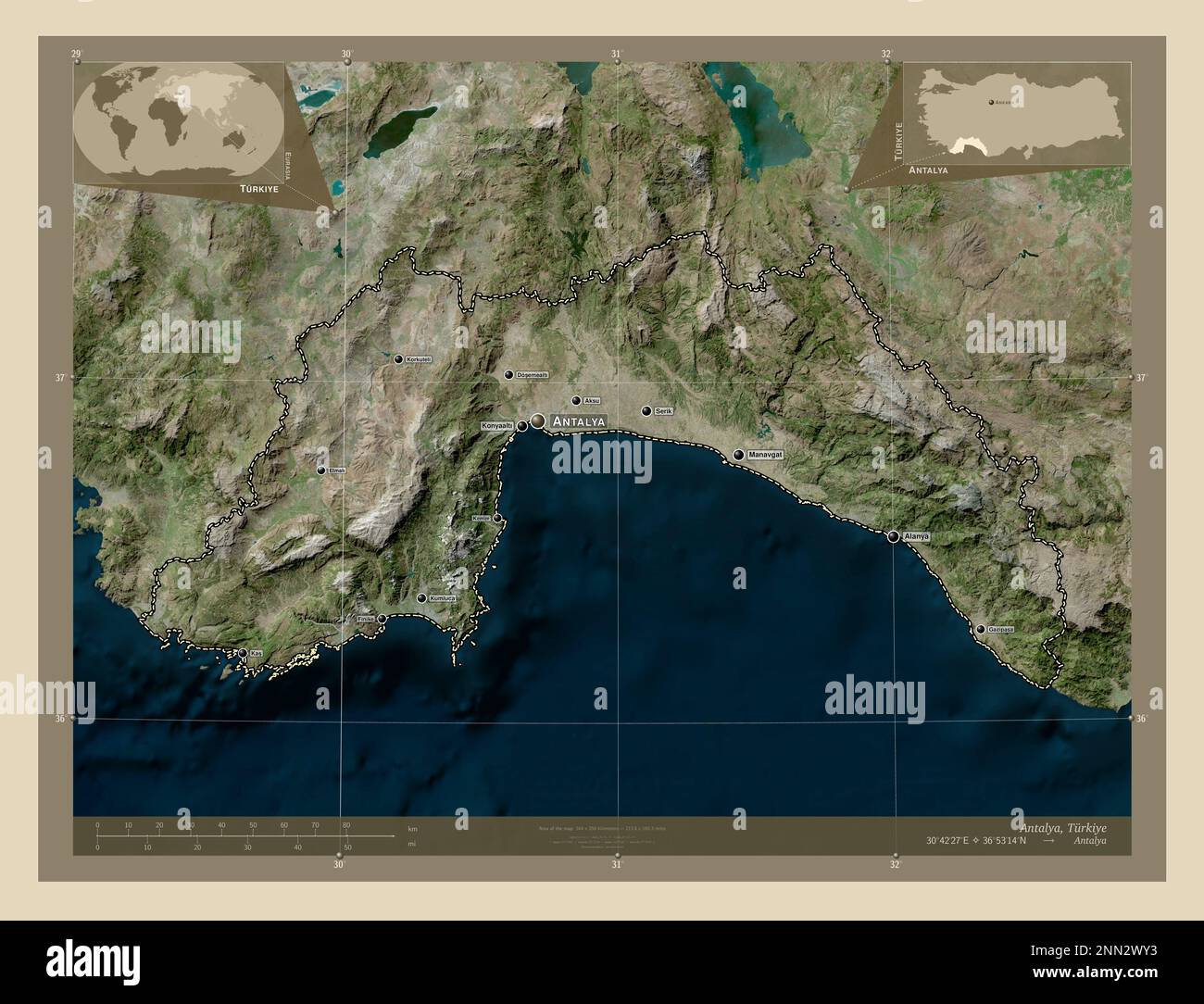 Antalya, province of Turkiye. High resolution satellite map. Locations and names of major cities ...