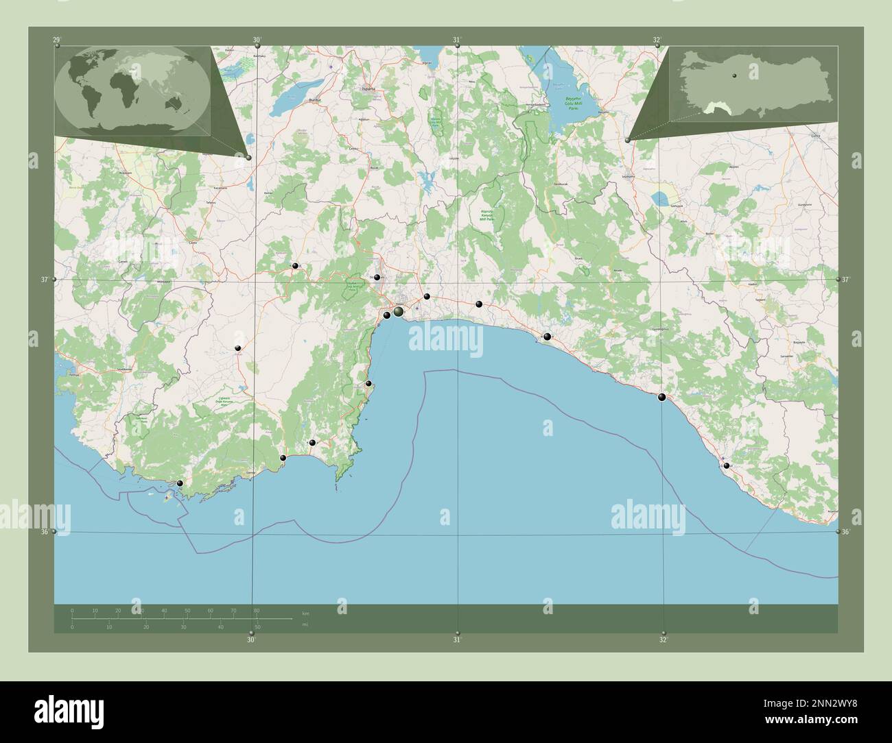 Antalya, province of Turkiye. Open Street Map. Locations of major ...