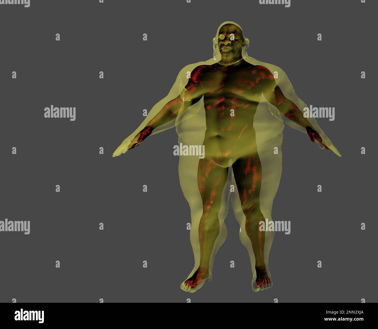 3D render. Athletic man inside an obese body on a gray background Stock ...