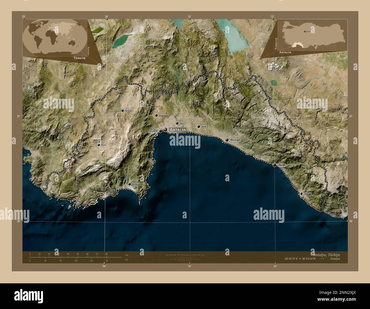 Antalya, province of Turkiye. Low resolution satellite map. Locations ...