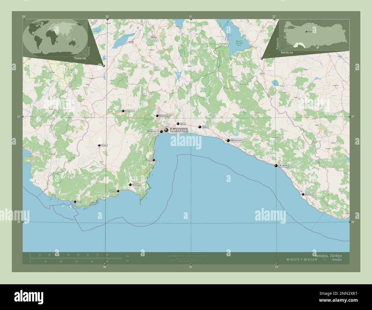 Antalya, province of Turkiye. Open Street Map. Locations and names of ...