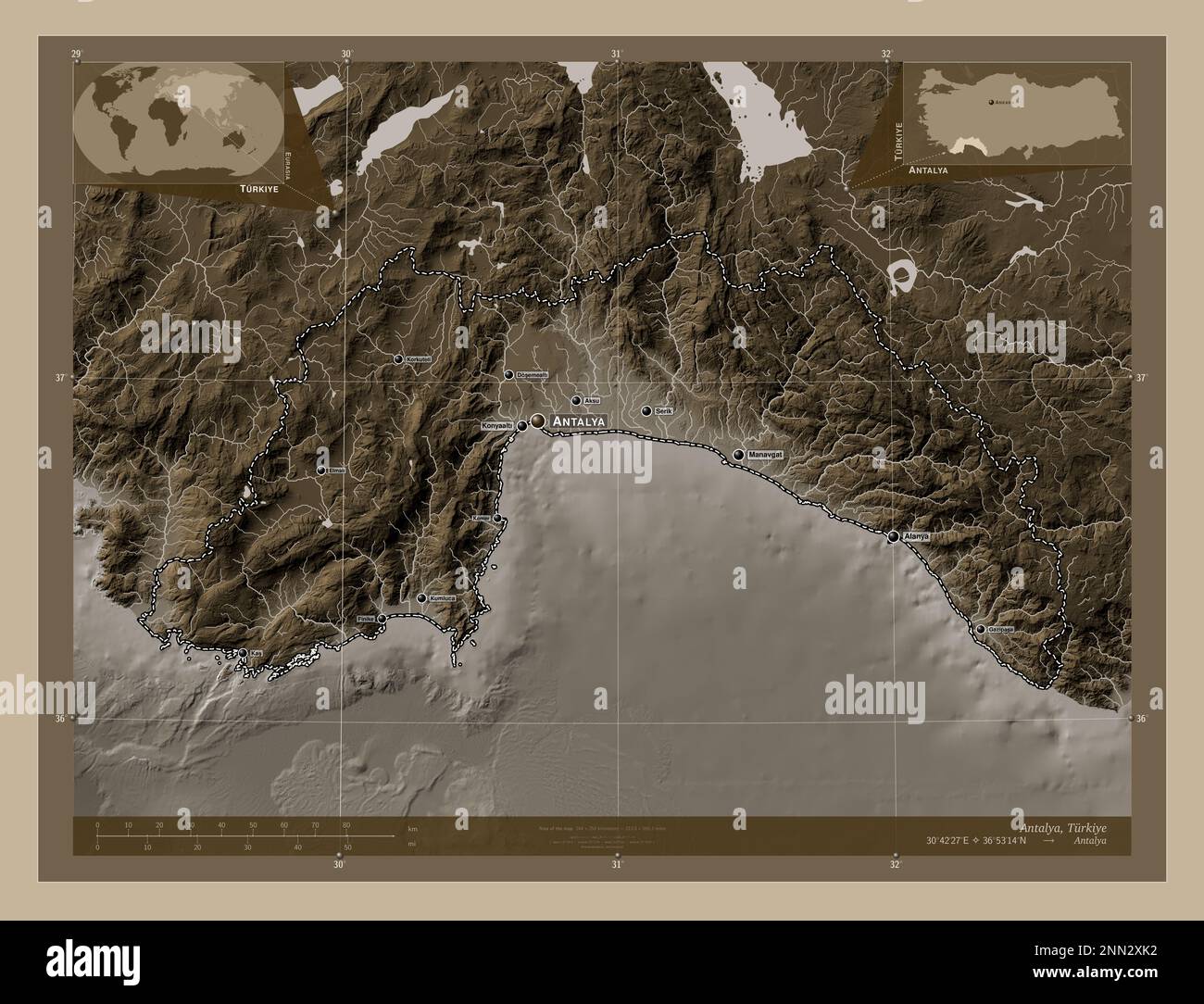 Antalya, province of Turkiye. Elevation map colored in sepia tones with ...