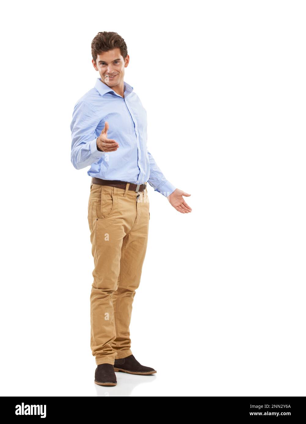 Confident, handsome and portrait of a man with a handshake isolated on ...