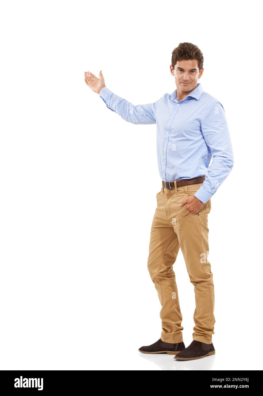 Portrait, smile and man isolated, presenting space for product ...