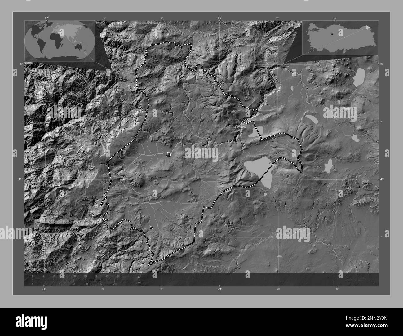 Ardahan, province of Turkiye. Bilevel elevation map with lakes and ...