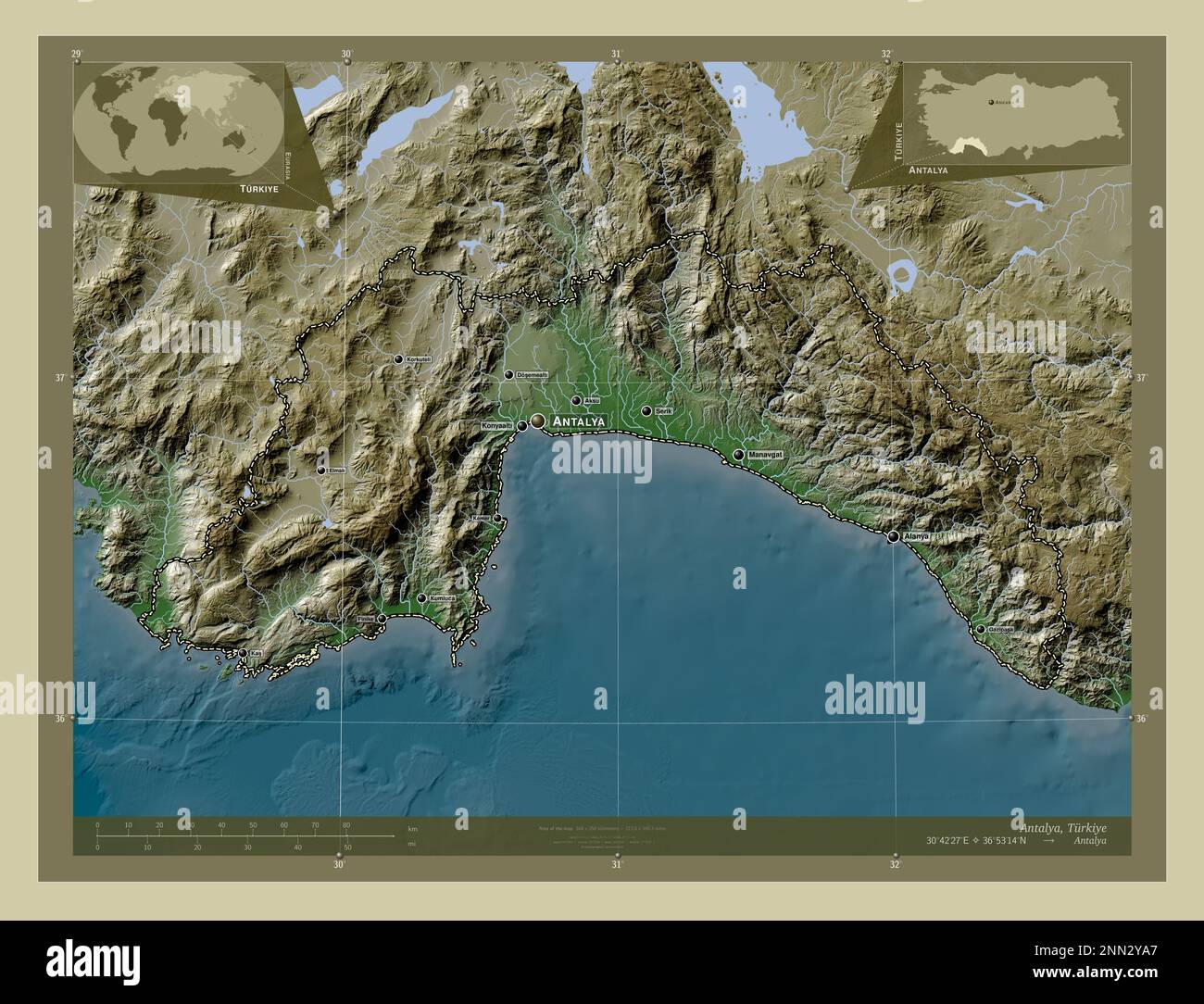 Antalya, province of Turkiye. Elevation map colored in wiki style with ...