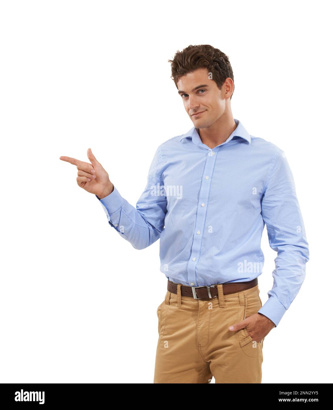 Mockup, space and portrait of man pointing his finger at product ...